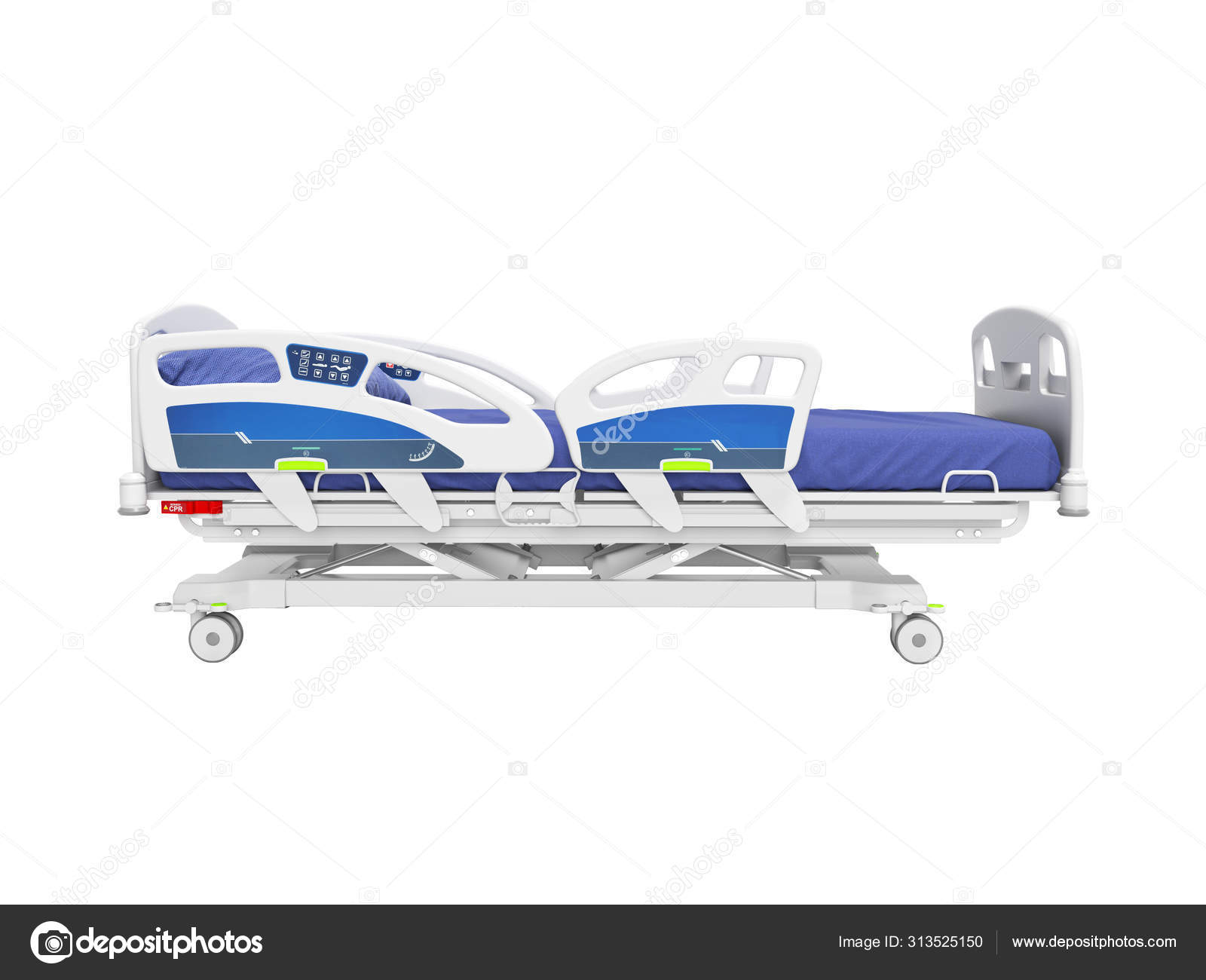 Blue hospital bed with lifting mechanism with control panel isol ...