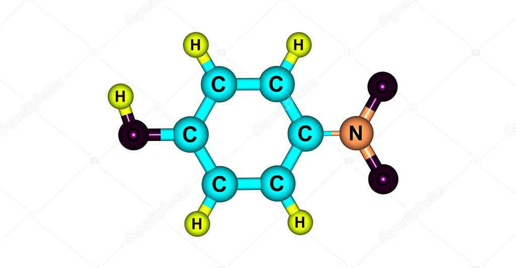 Estructura molecular del 4-nitrofenol aislada en blanco 2023