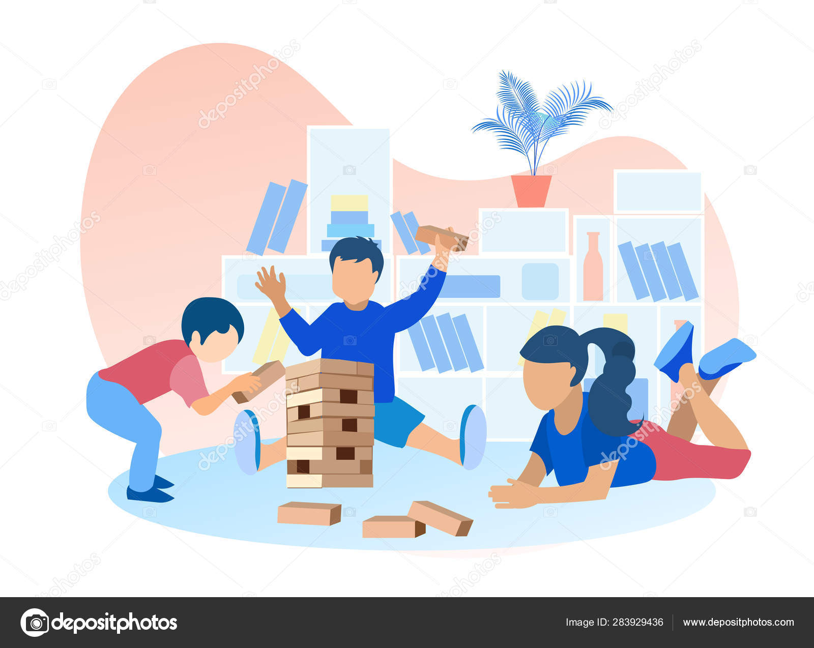 Two Boys and Girl Building Toy Brick Tower Cartoon Stock Vector by ...
