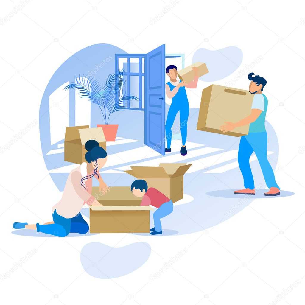 Feliz casa de mudanza Familia Dibujos animados Ilustración Vector de Stock de ©unitone.vector ...
