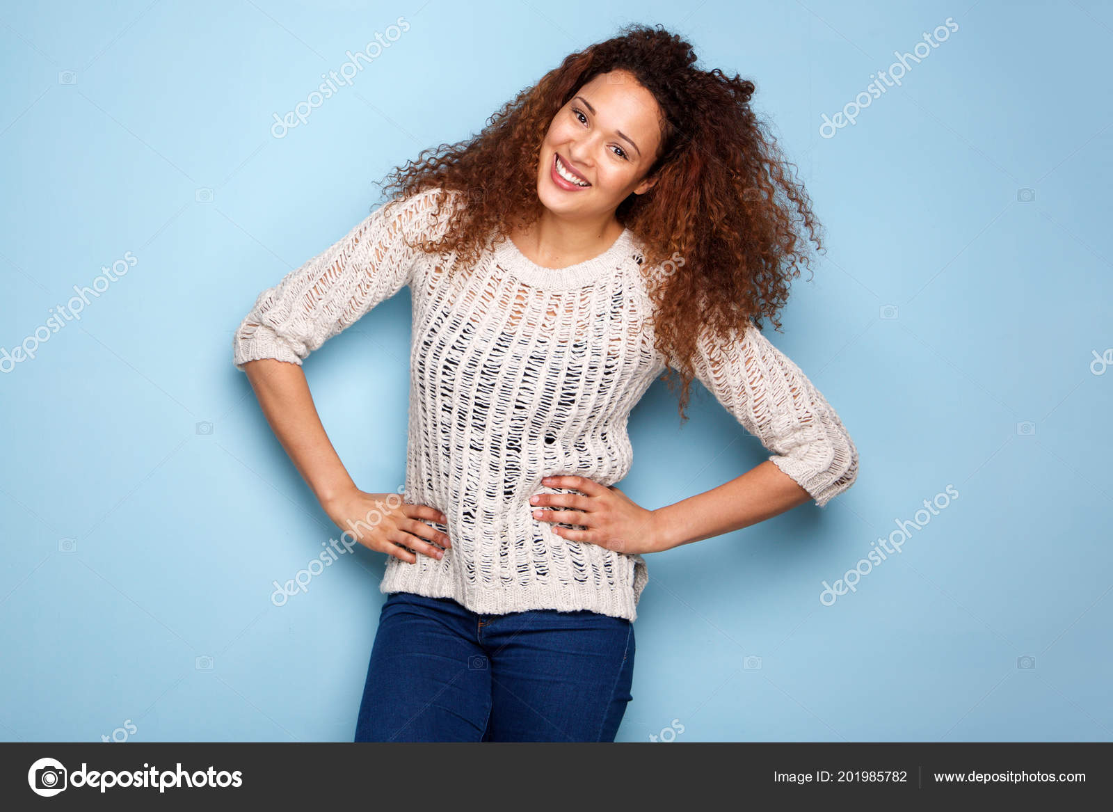 Horizontal Portrait Young Woman Smiling Blue Background — Stock Photo ...