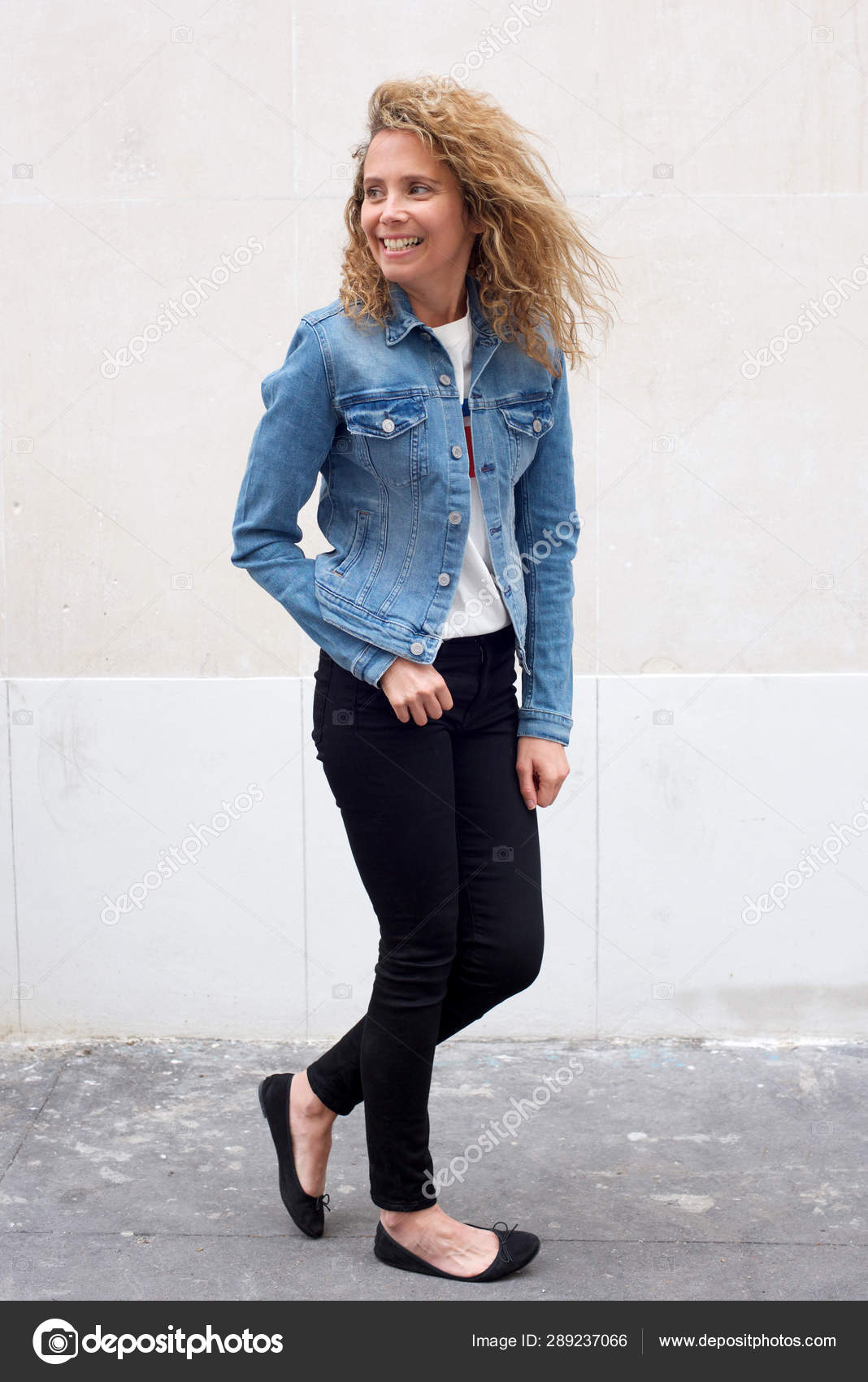 Full Body Portrait Middle Age Woman Smiling Denim Jacket Looking Stock ...