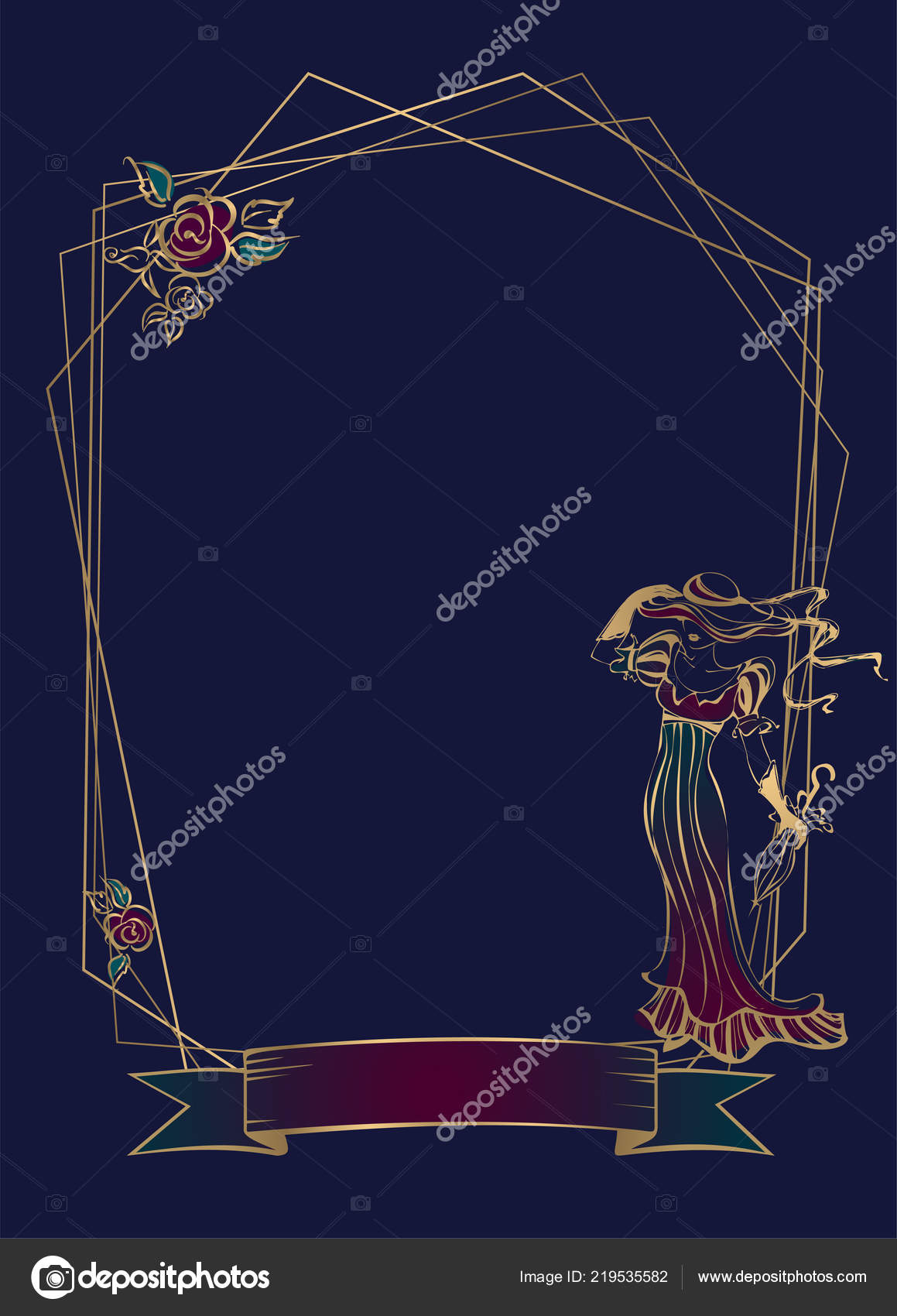 Frame Vignette Vintage Lady Geometric Frame Dark Blue Background Vector ...