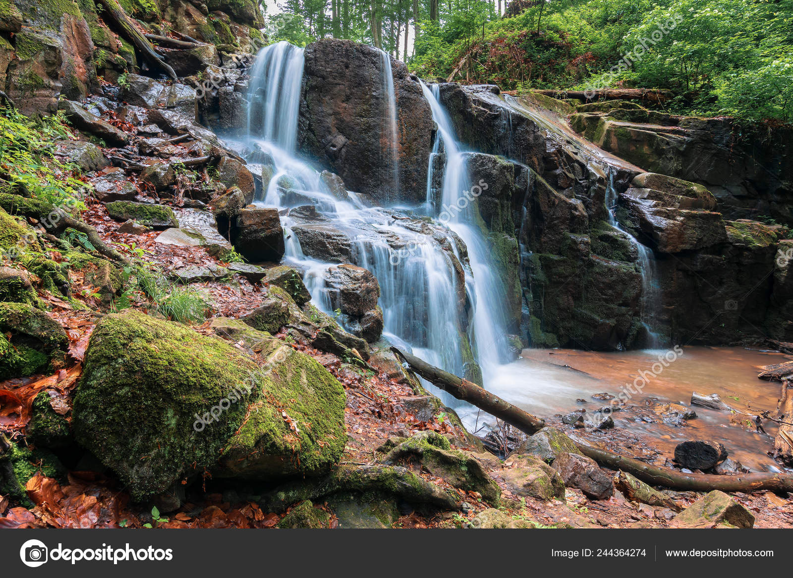 Waterfall Forest Beautiful Spring Scenery Water Comes Out Rocky Cliff ...