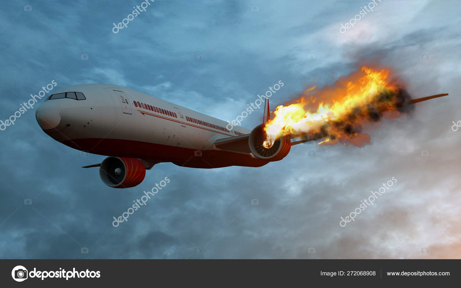 Flying aircraft with exploding aero engine just before air crash. 3D ...