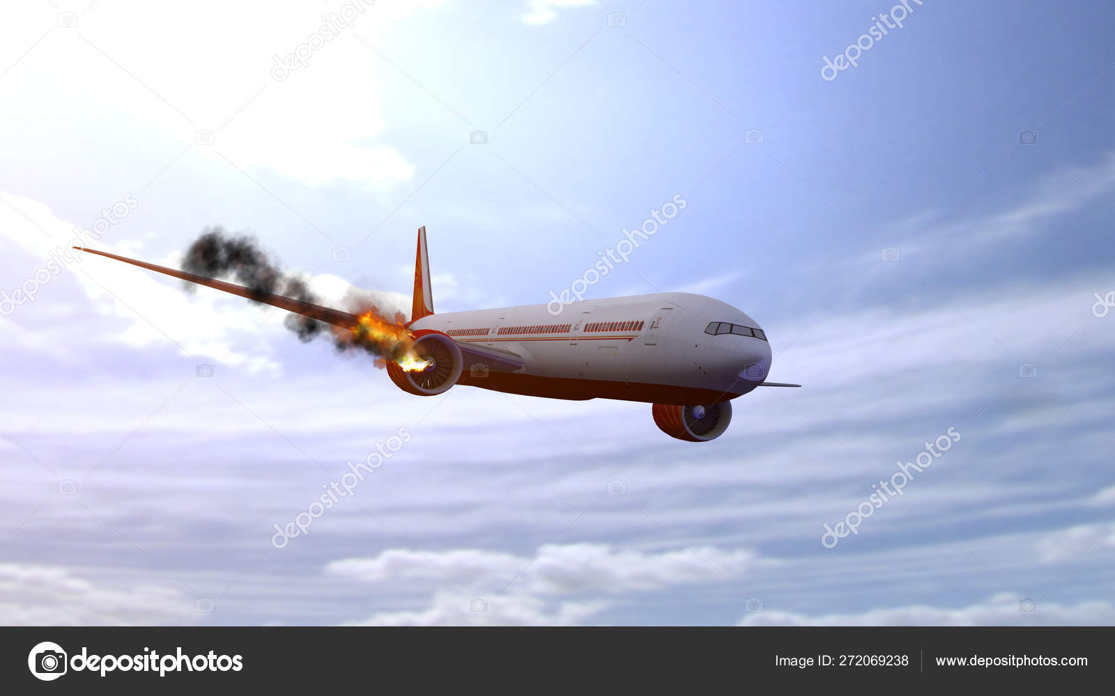 Commercial airplane with engine on fire, concept of aerial disaster. 3D ...