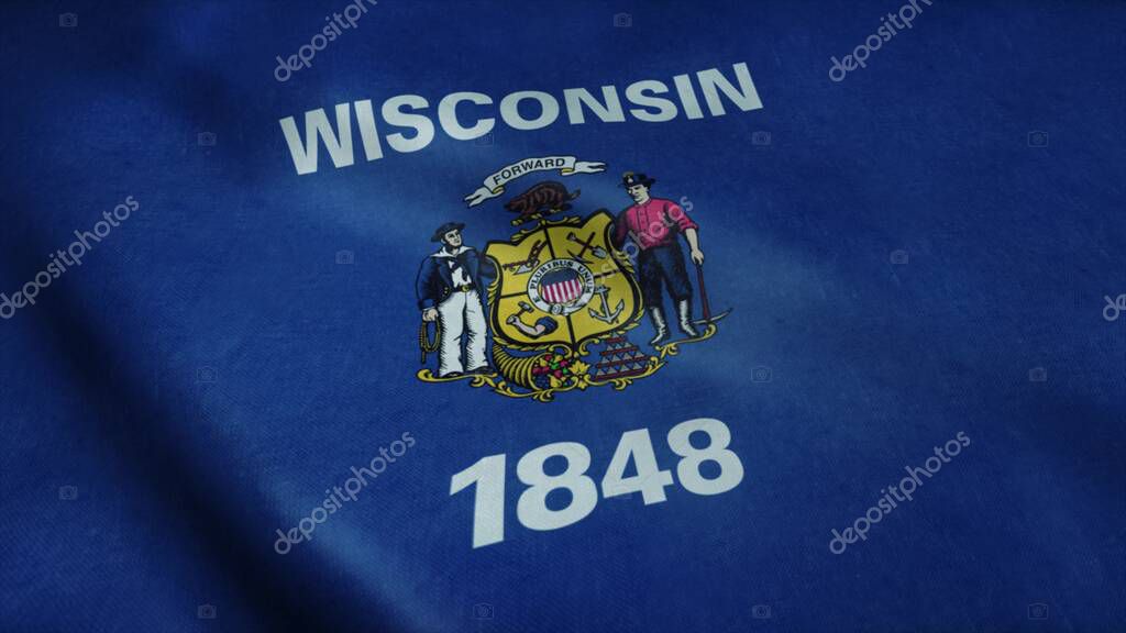 Bandera del estado de Wisconsin ondeando en el viento. renderizado 3d 2023