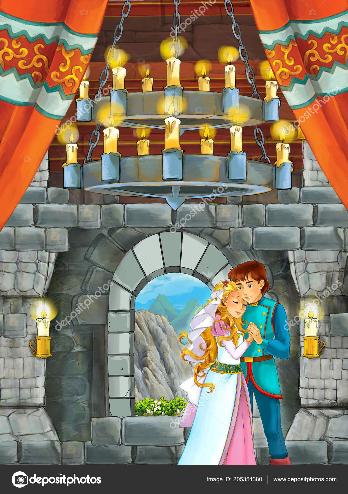 Cartoon Scene Prince Princess Talking Together Castle Room Illustration ...