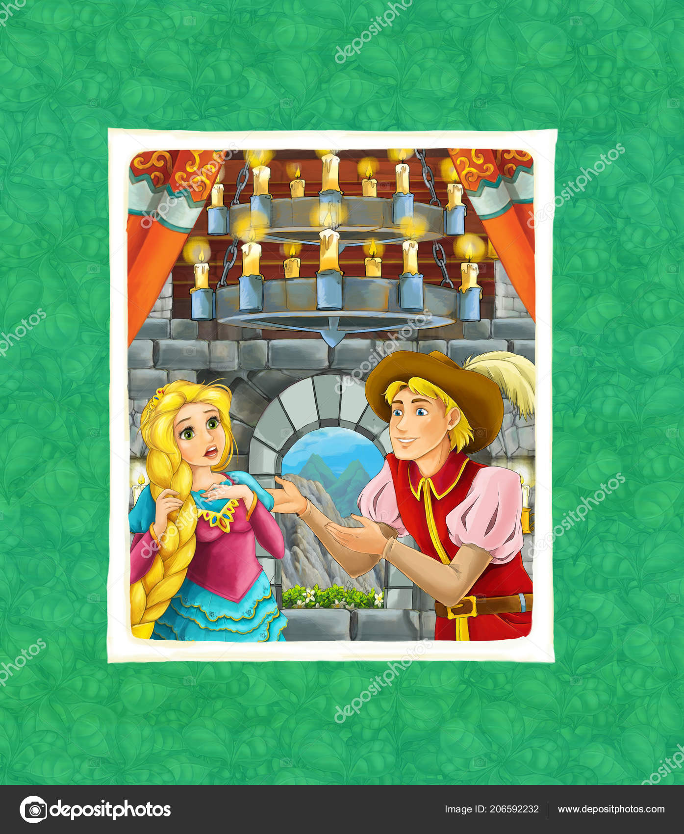Cartoon Scene Prince Princess Talking Together Castle Room Illustration ...