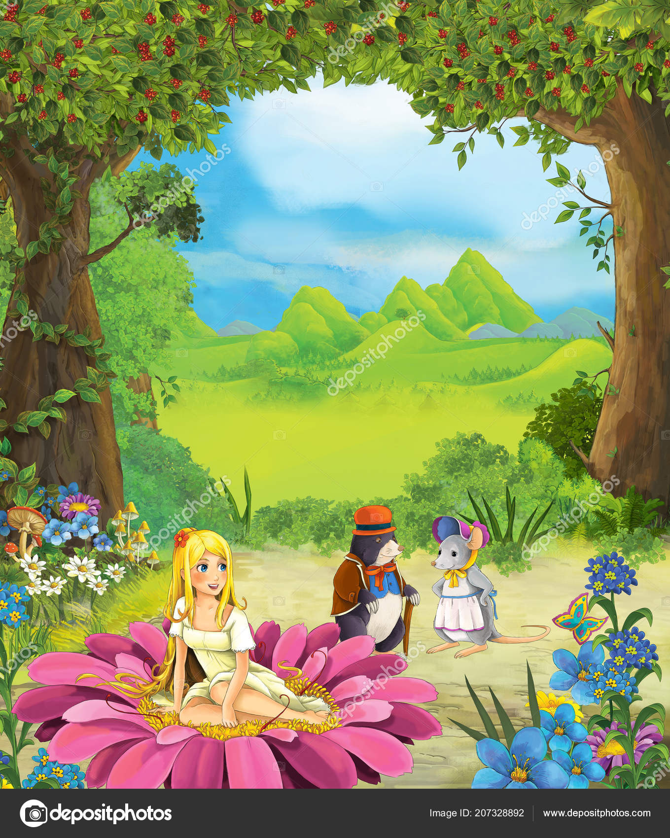 Cartoon Scene Beautiful Elf Girl Flower Forest Mole Mouse Back Stock ...
