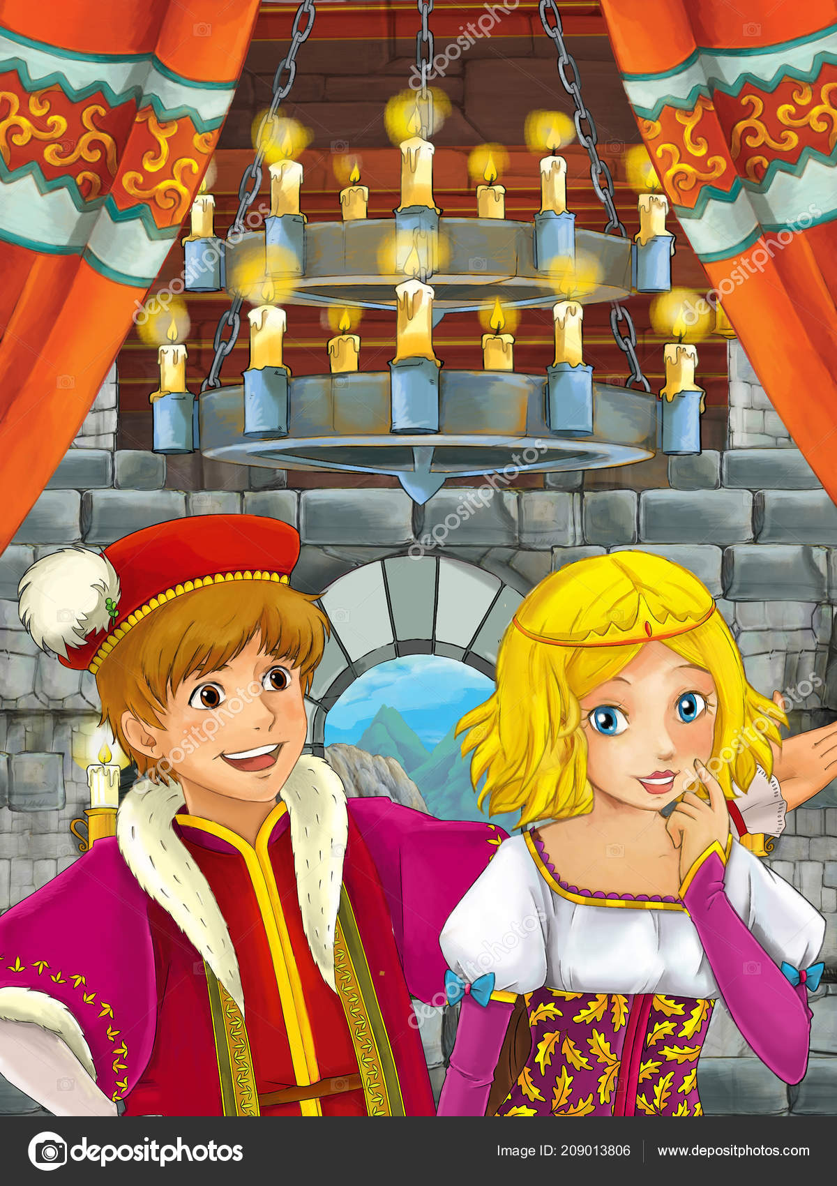 Cartoon Scene Prince Princess Talking Together Castle Room Illustration ...
