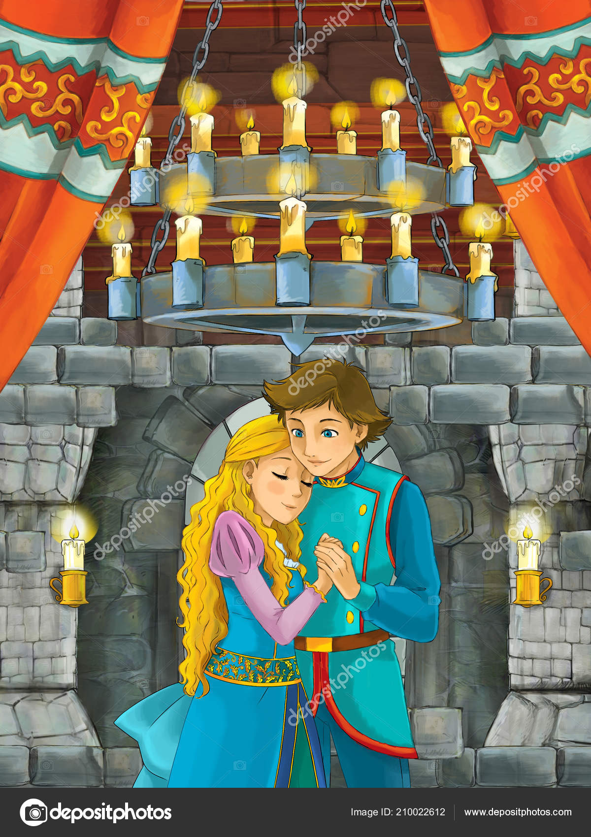 Cartoon Scene Prince Princess Talking Together Castle Room Illustration ...