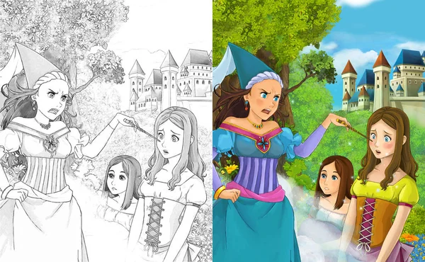 Cartoon Scene Beautiful Princess Standing Forest Castle Coloring Page ...