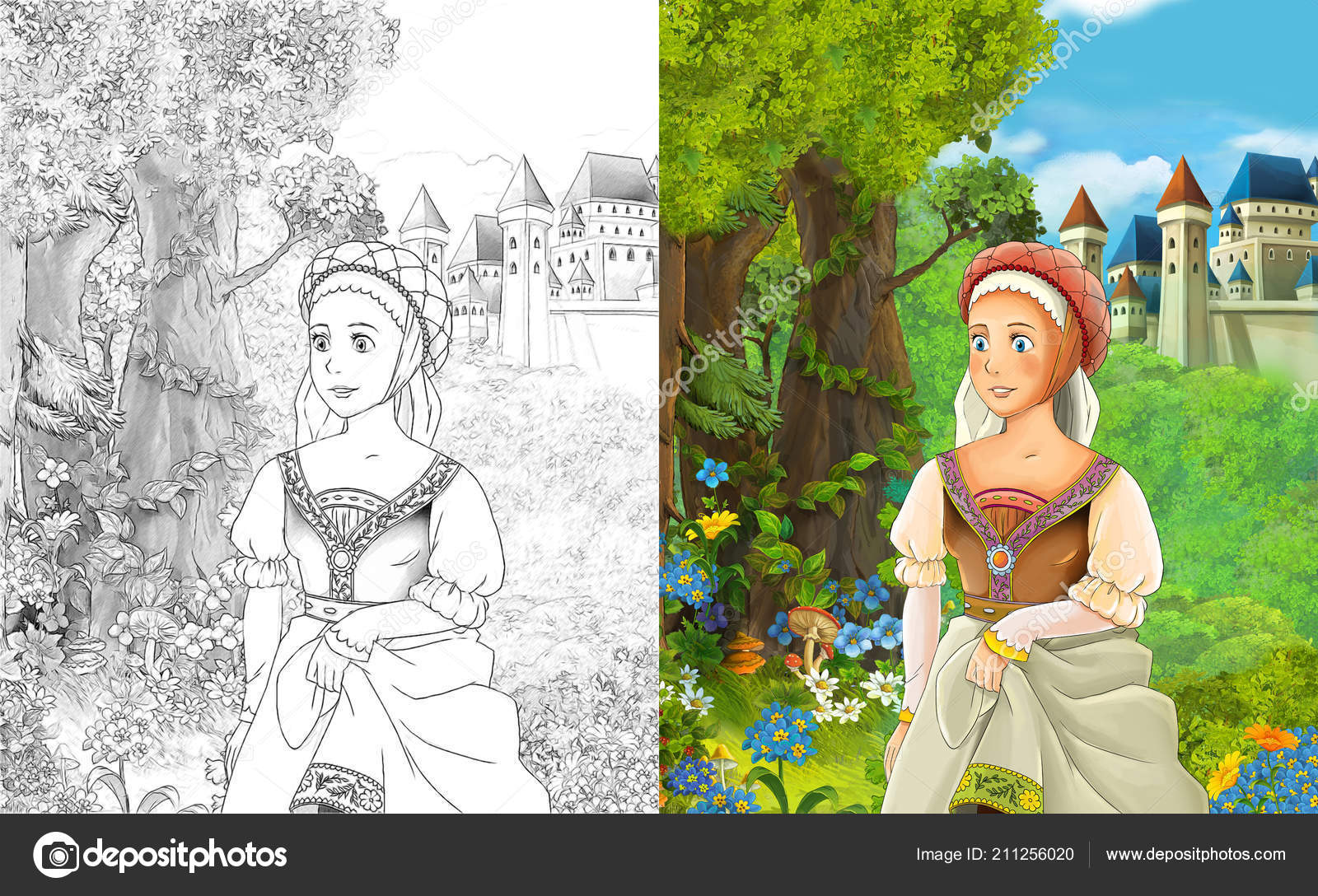 Cartoon Scene Beautiful Princess Standing Forest Castle Coloring Page ...
