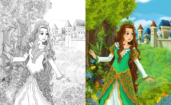 Cartoon Scene Beautiful Princess Standing Forest Castle Coloring Page ...