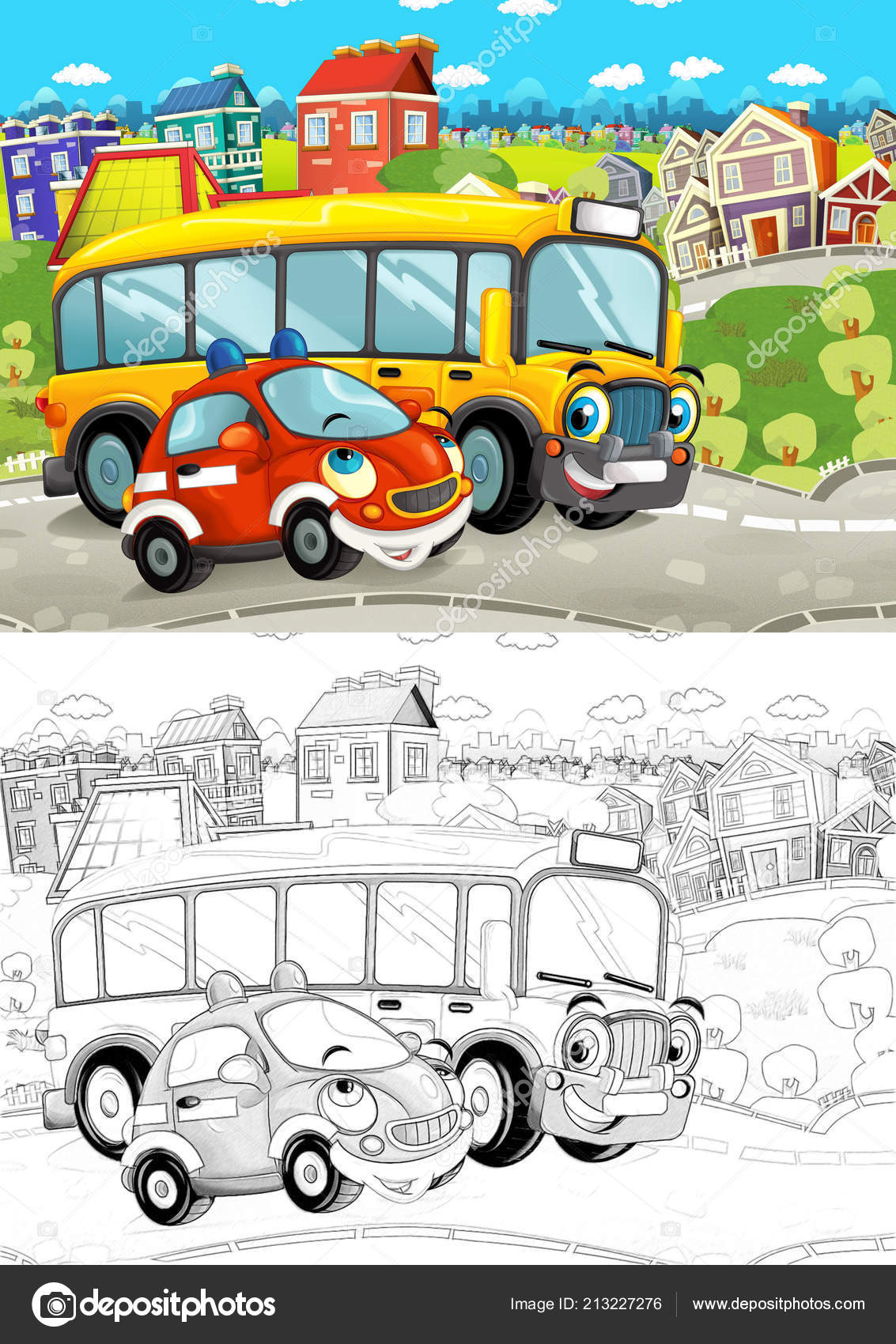 Cartoon Scene Different Cars Driving City Street Artistic Coloring Page ...