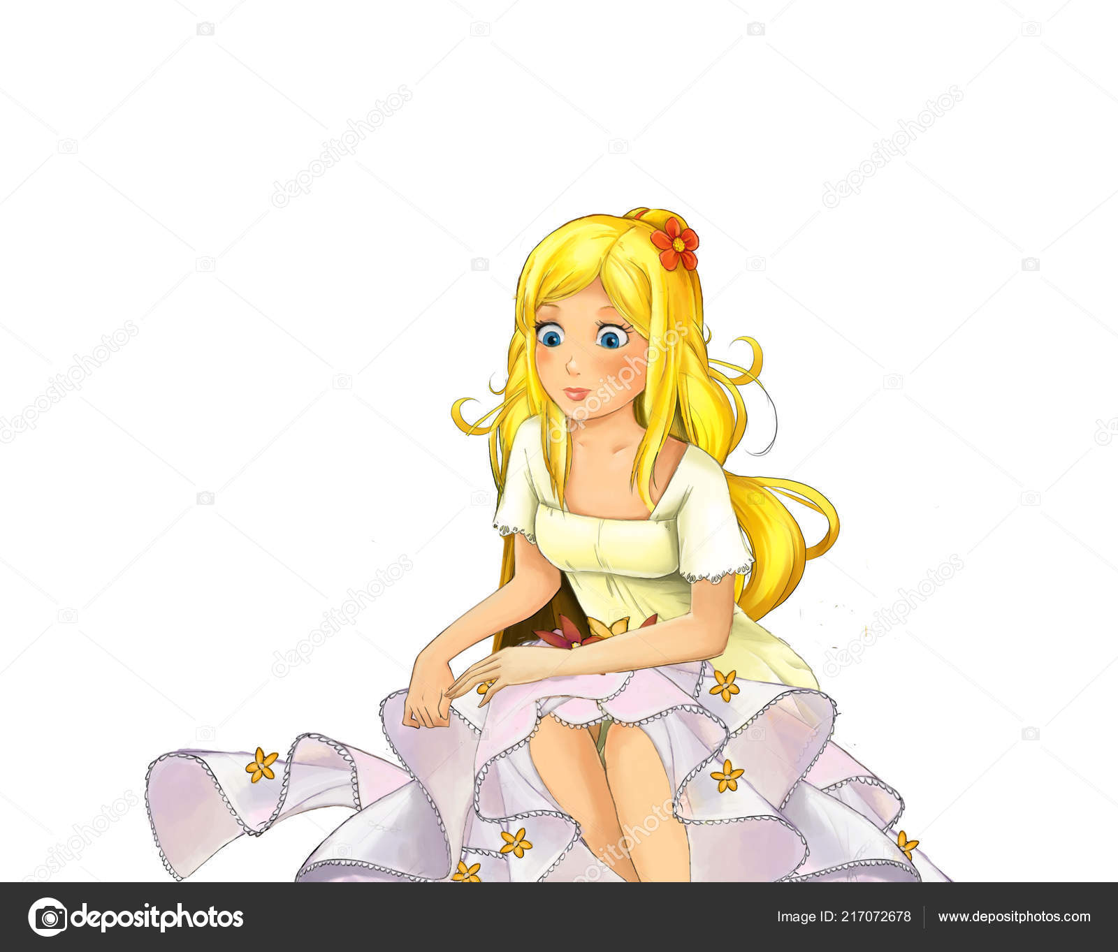 Tecknad Saga Kvinnlig Karaktär Tiny Elf Flicka Sitter Titta Och ...