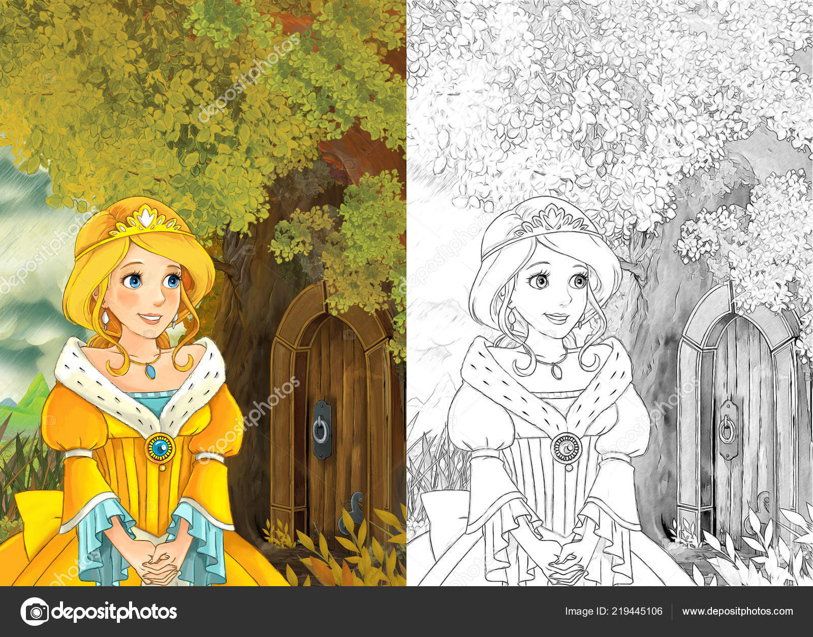 Cartoon Fairy Tale Scene Beautiful Princess Standing Mysterious Wooden ...