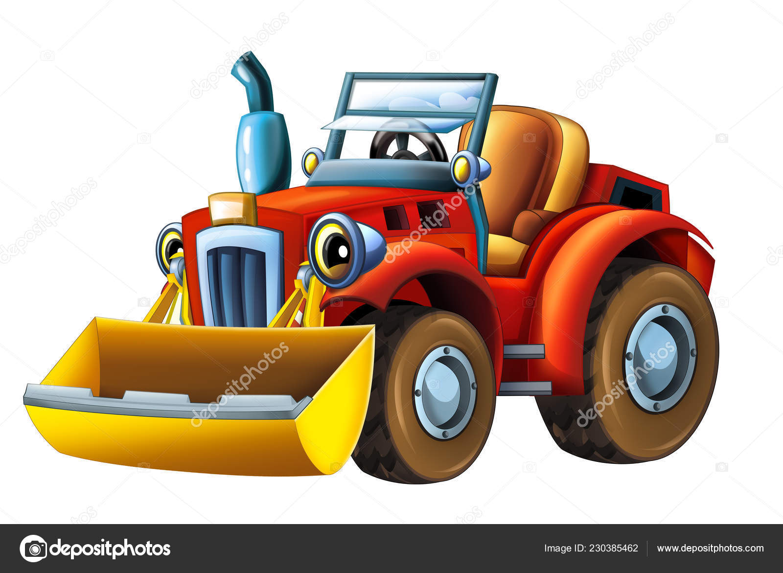 Cartoon Happy Funny Farm Tractor Excavator White Background ...