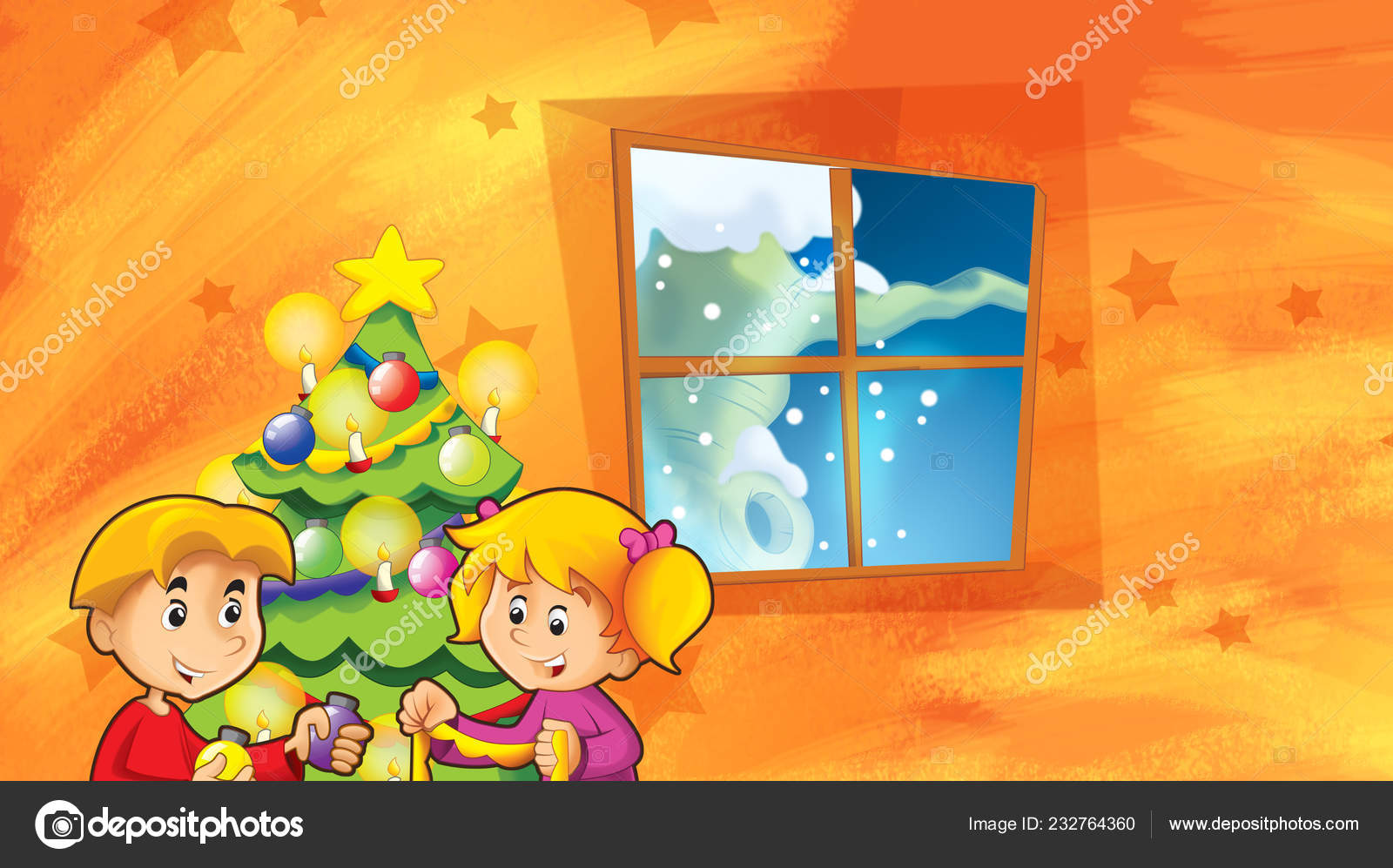 Cartoon Scene Kids Decorating Christmas Tree Illustration Children ...