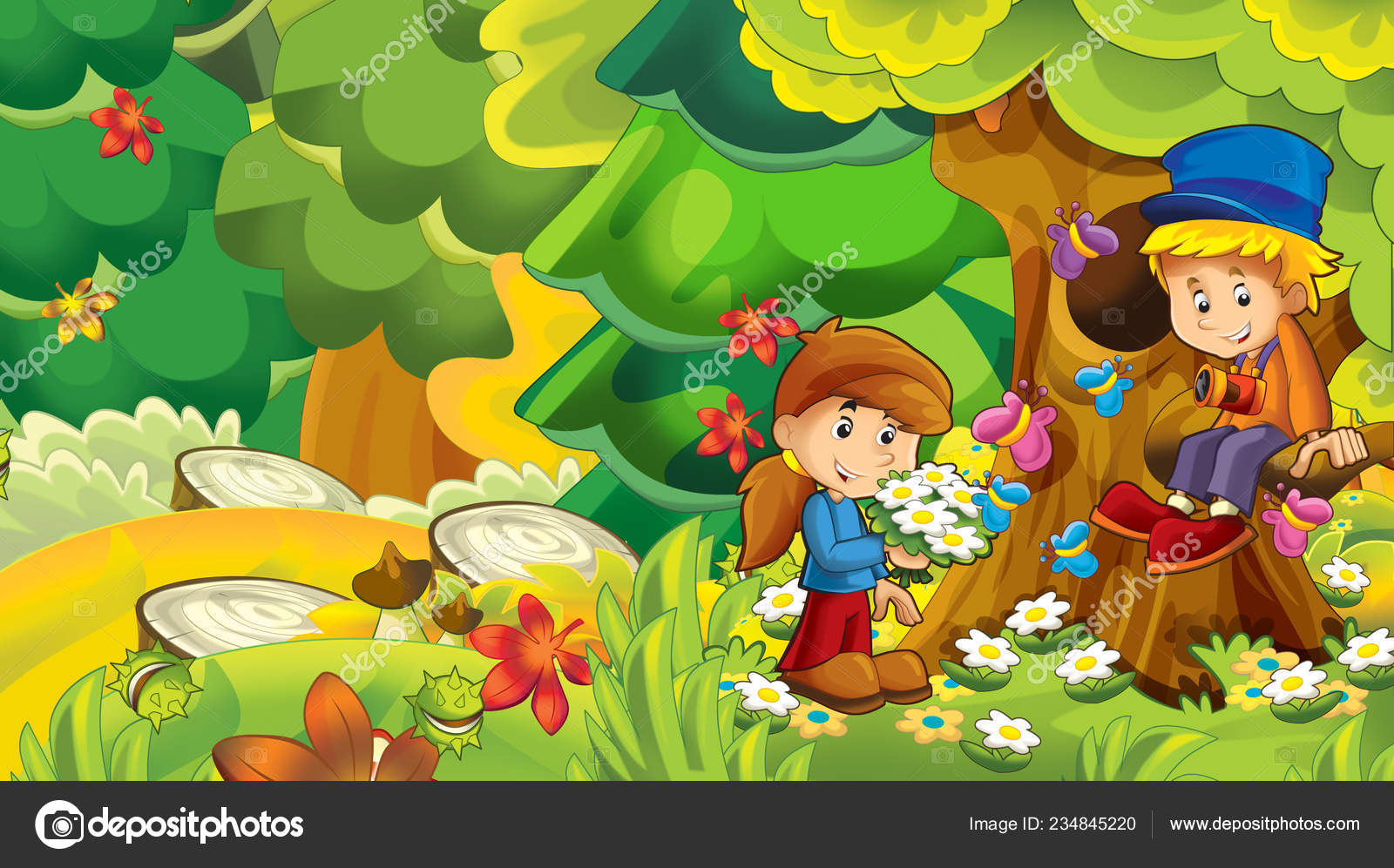 Cartoon Natur Hintergrund Mit Kindern Die Spaß Wald Haben Illustration ...