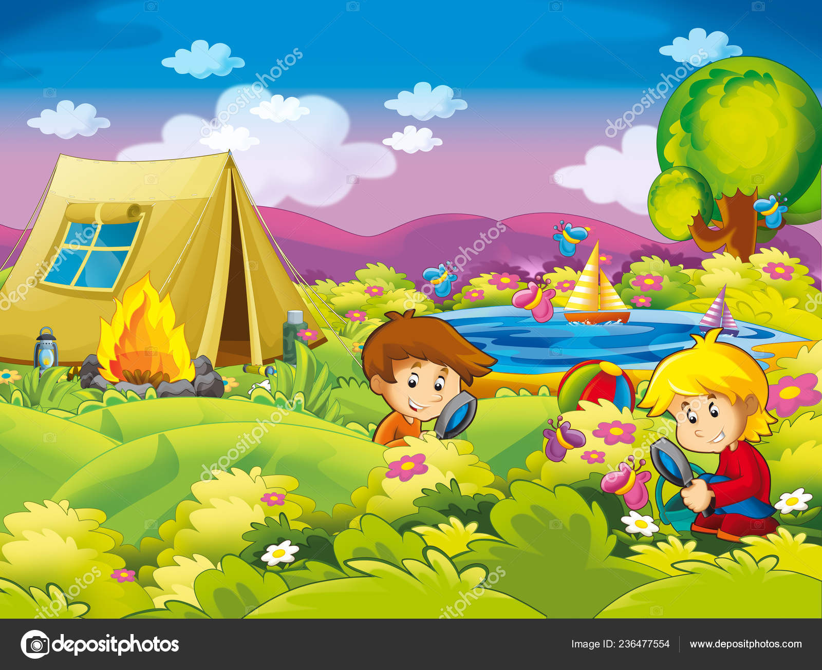 Cartoon Autumn Nature Background Lake Mountains Kids Having Camping ...