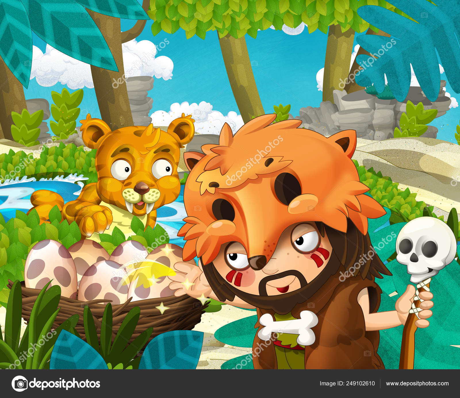 Cartoon Scene Caveman Jungle Sabre Tooth Tiger River Background ...