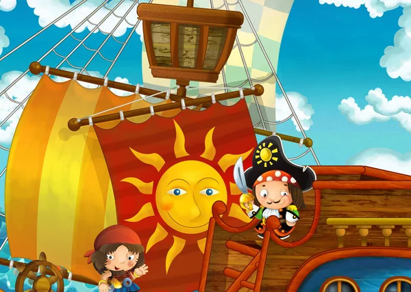 Cartoon Scene Pirate Ship Sailing Sea Pirates Deck Illustration ...