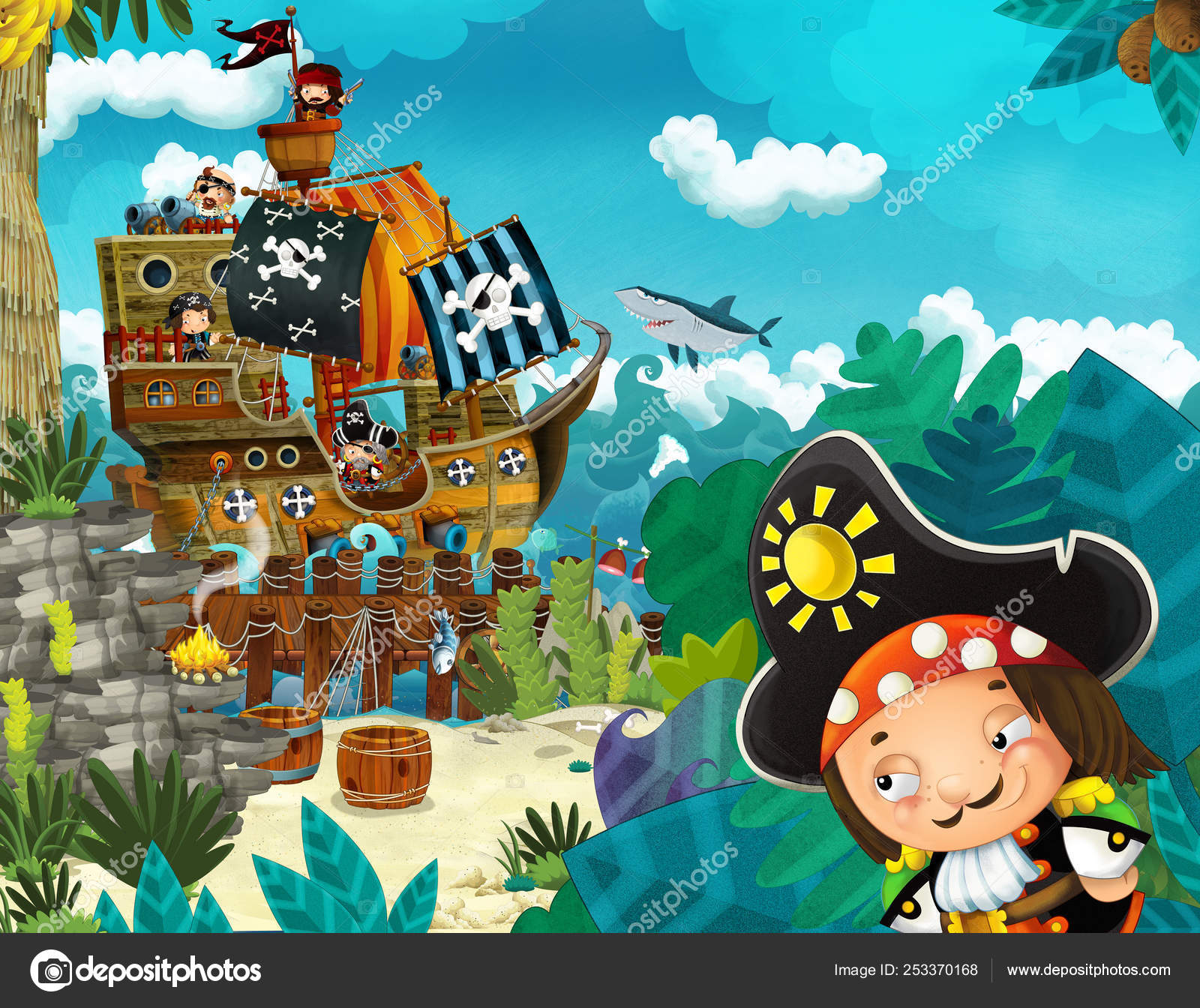 Escena de dibujos animados con orilla de la playa con barco pirata ...