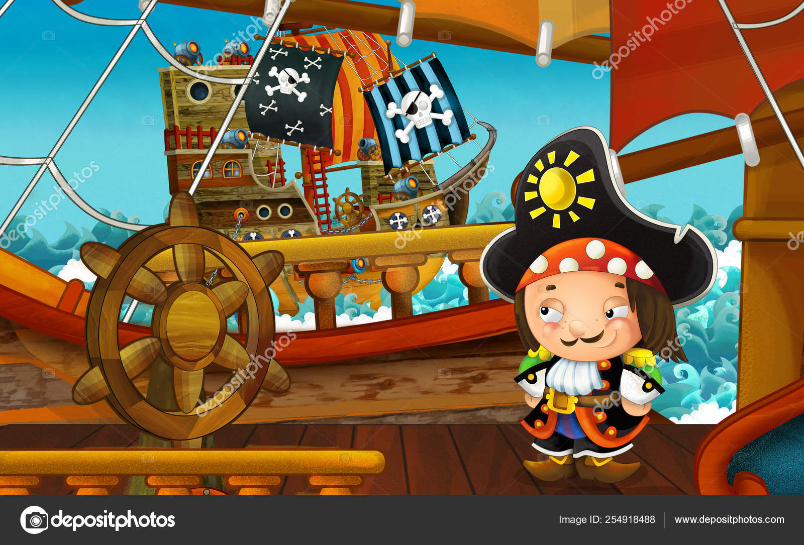 Cartoon Scene Pirate Ship Sailing Sea Pirate Deck Illustration Children ...