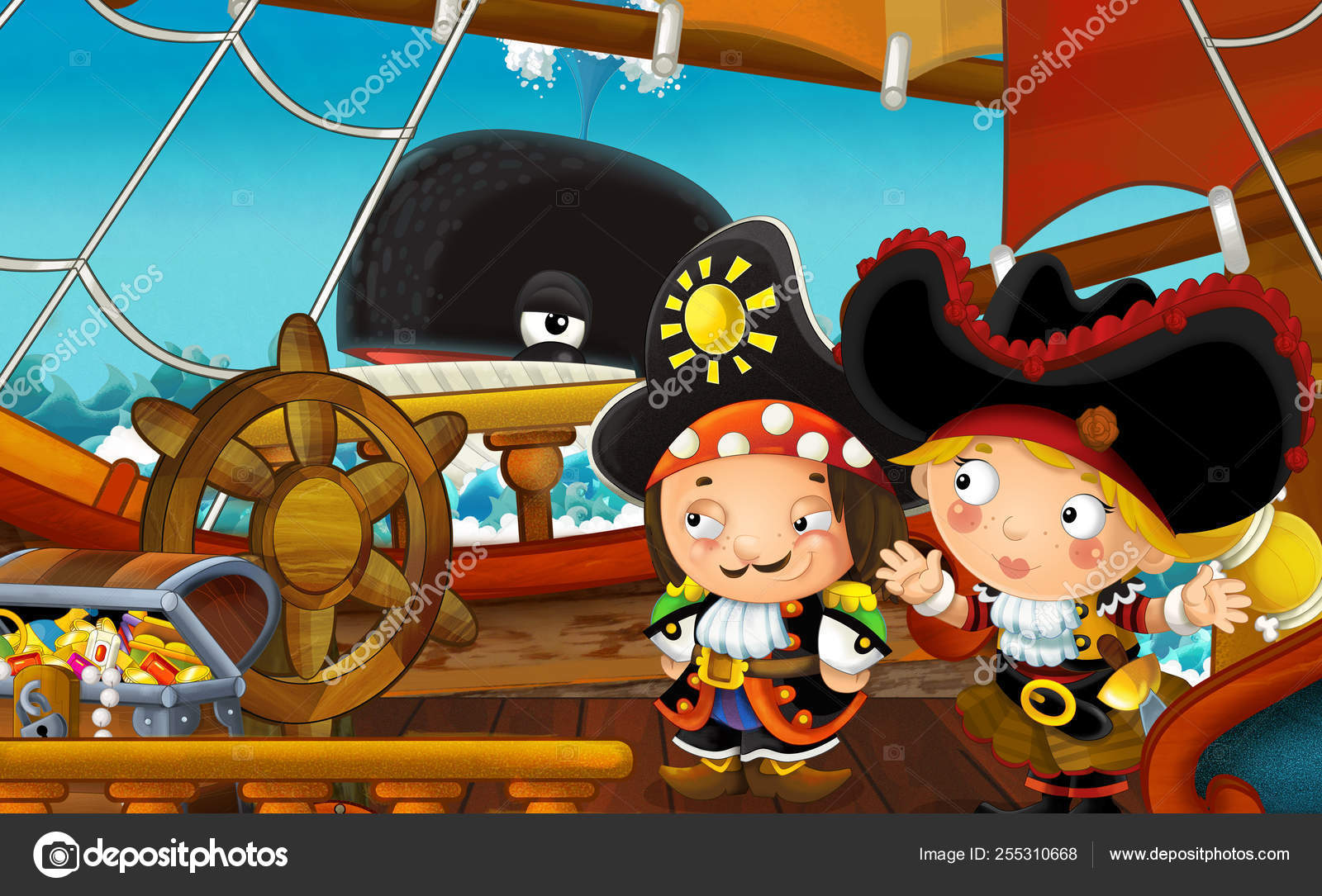 Cartoon Scene Pirate Ship Sailing Sea Whale Swimming Ship Pirates Stock ...