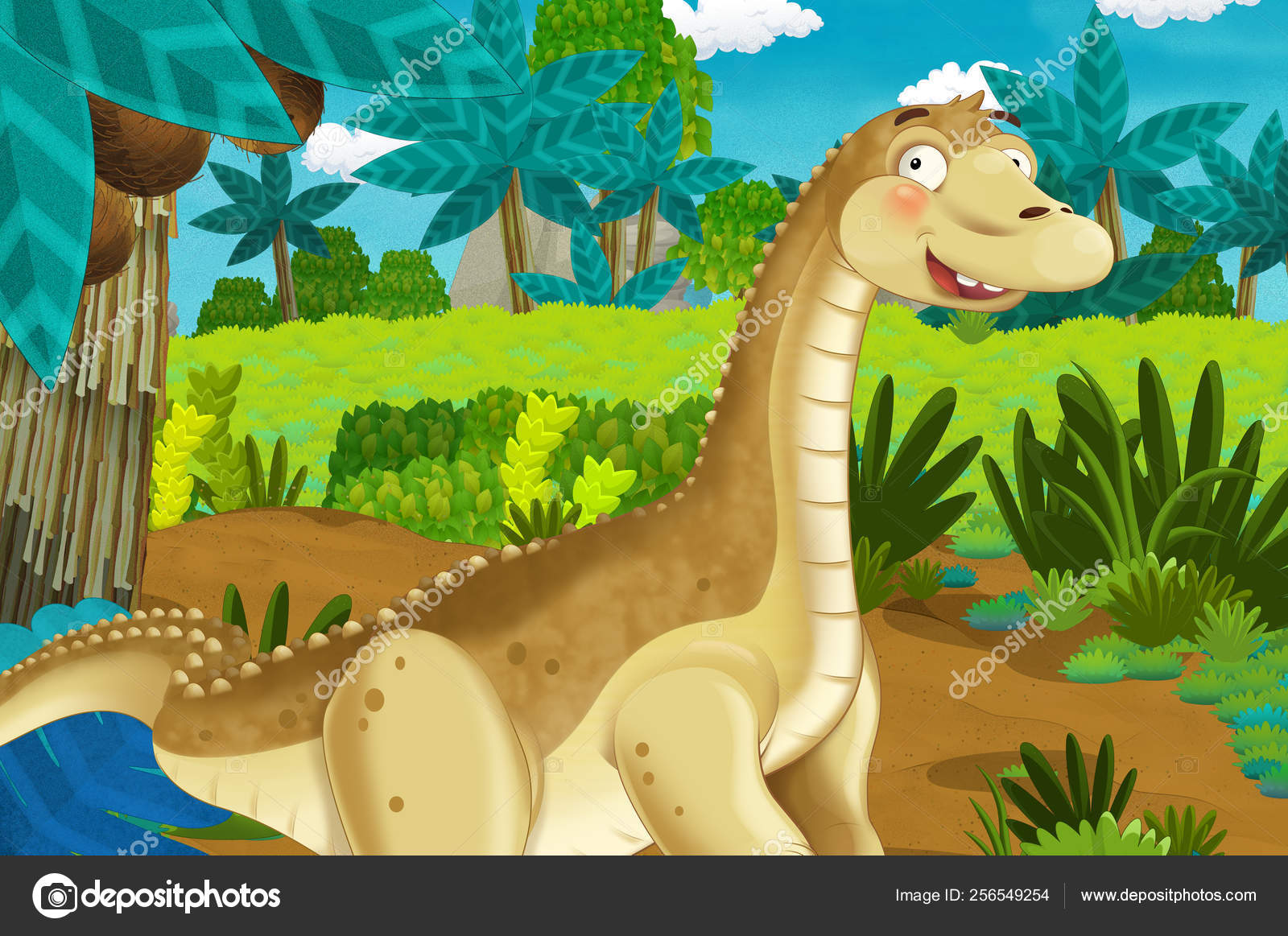 Cartoon Scene Dinosaur Diplodocus Apatosaurus Jungle Nature Background ...