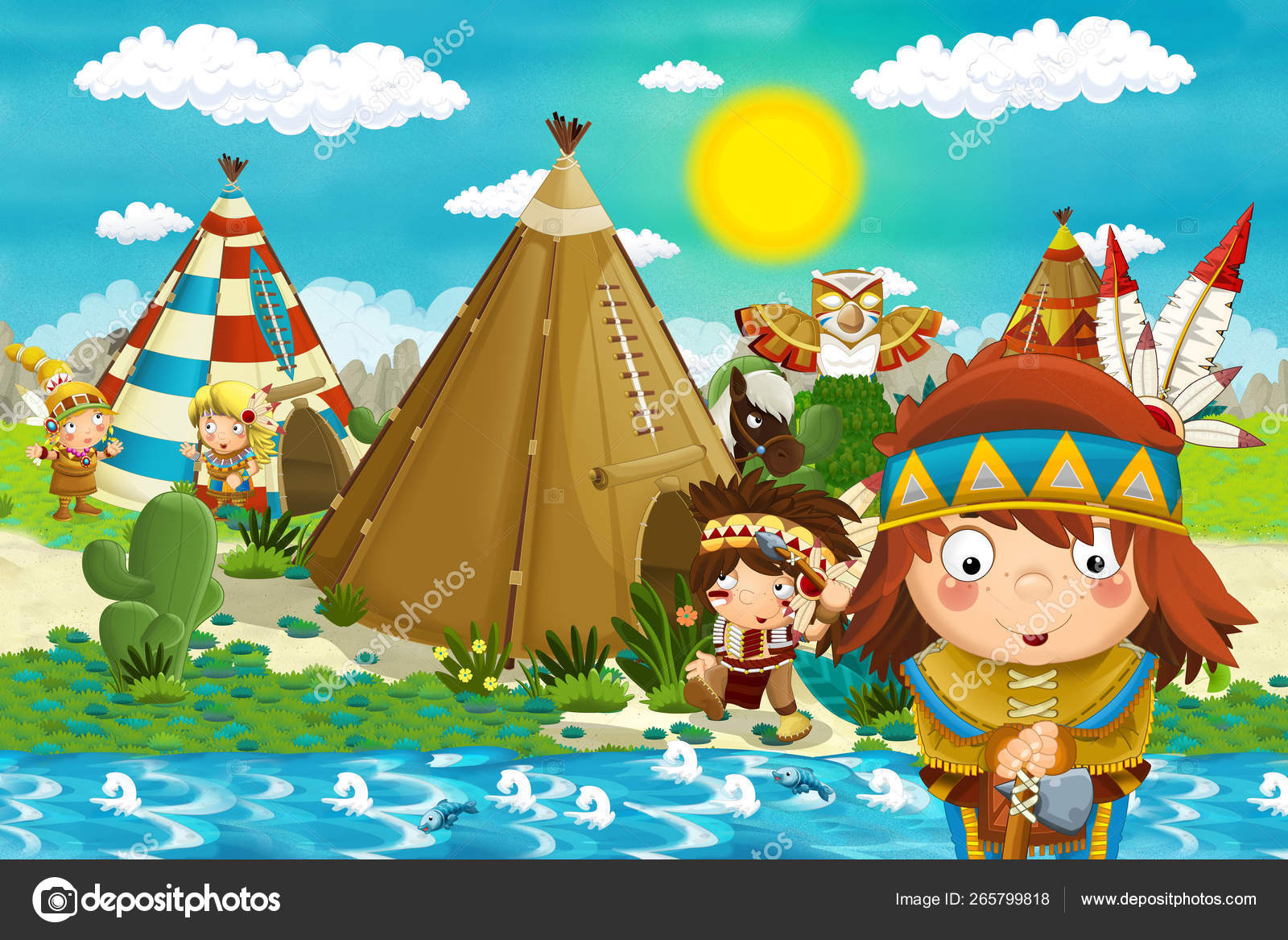 Cartoon Indian Chief Sitting Fire Tee Pee Looking Dancing Warriors ...