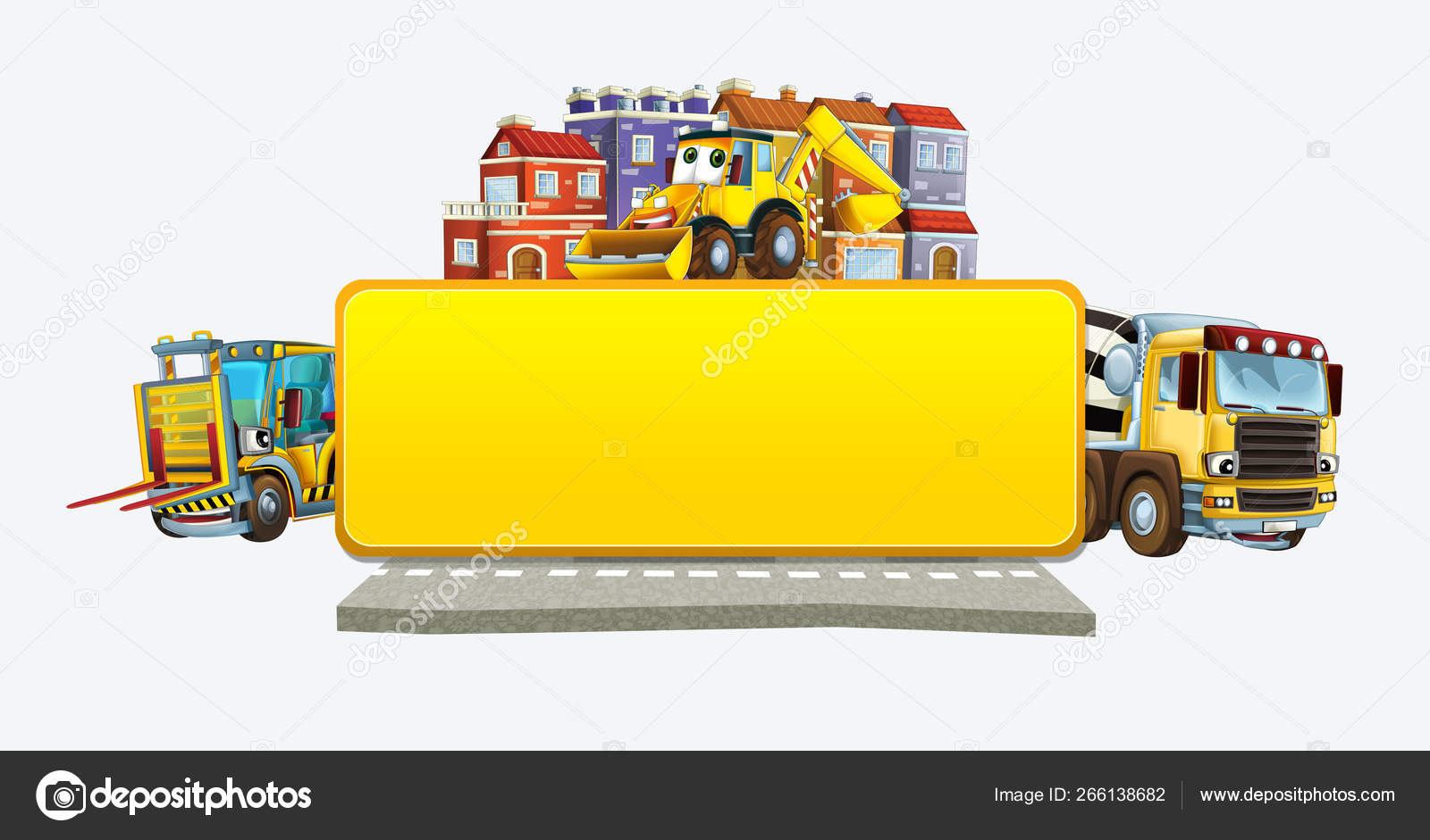 Escena Dibujos Animados Con Pancarta Portada Con Coches Fachada Ciudad ...