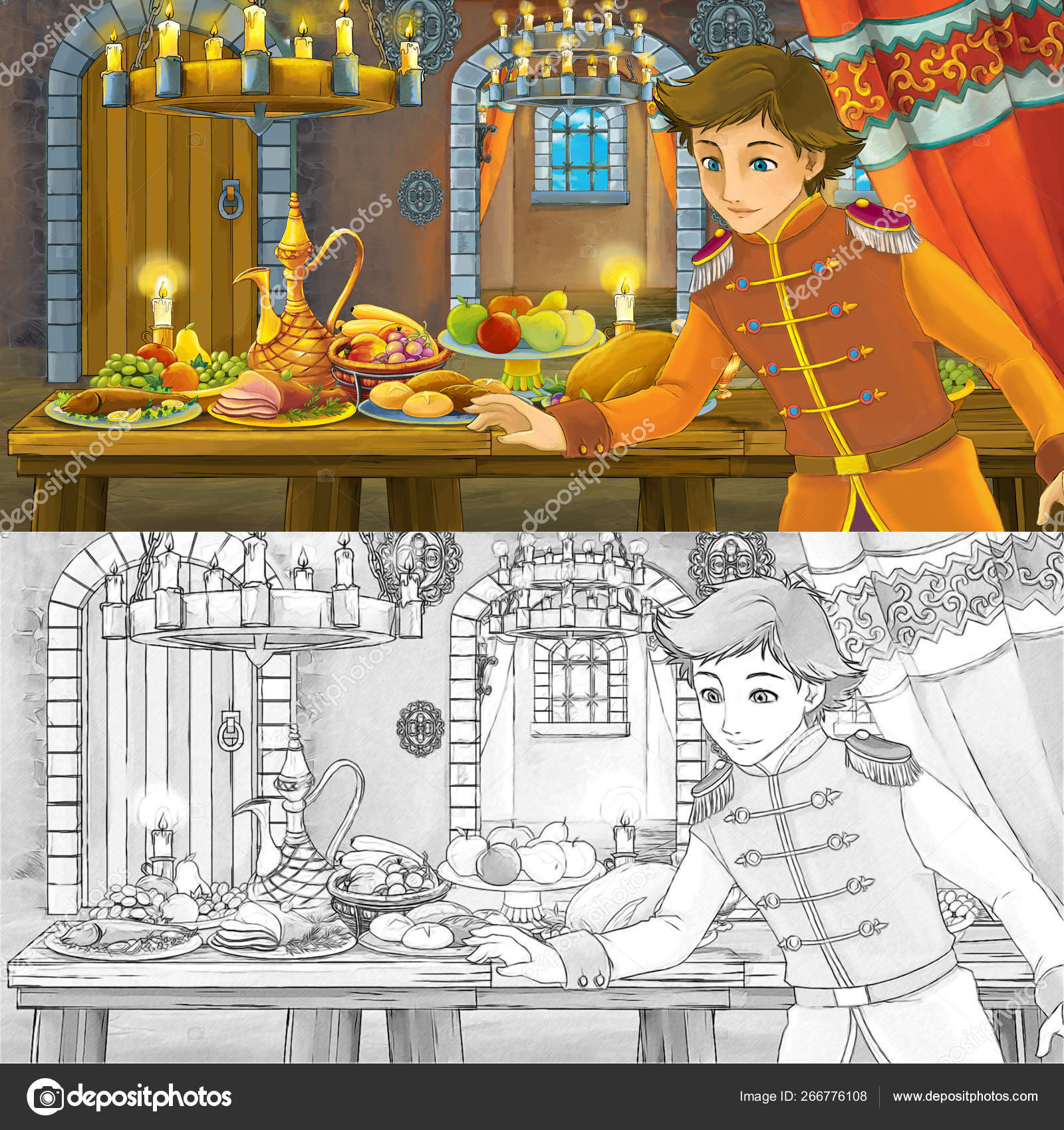 Cartoon fairy tale scene with prince by the table full of food witch ...
