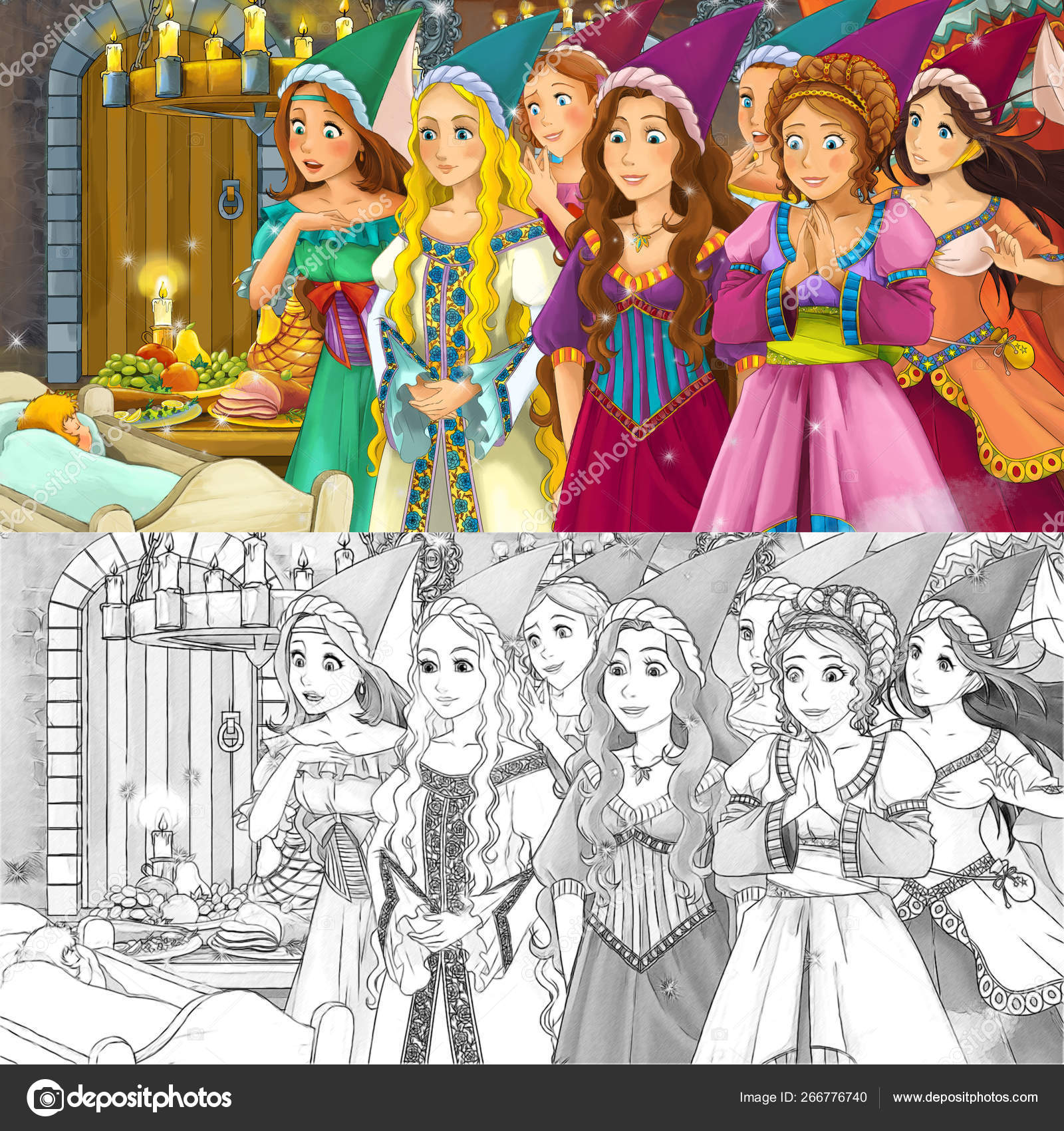 Cartoon fairy tale scene with princess sorceress by the table fu Stock ...