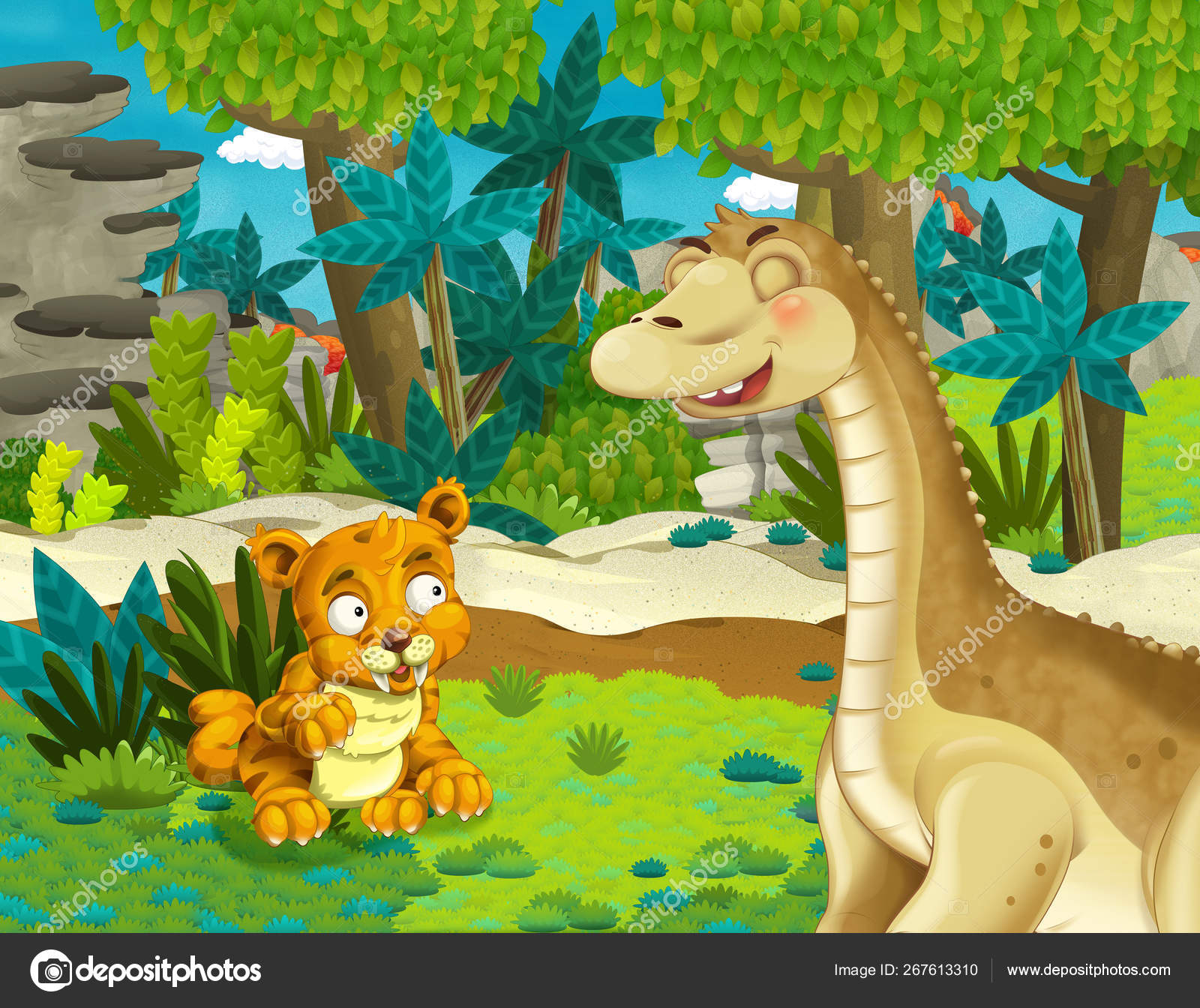 Cartoon Scene Dinosaur Apatosaurus Diplodocus Brontosaurus Some Other ...