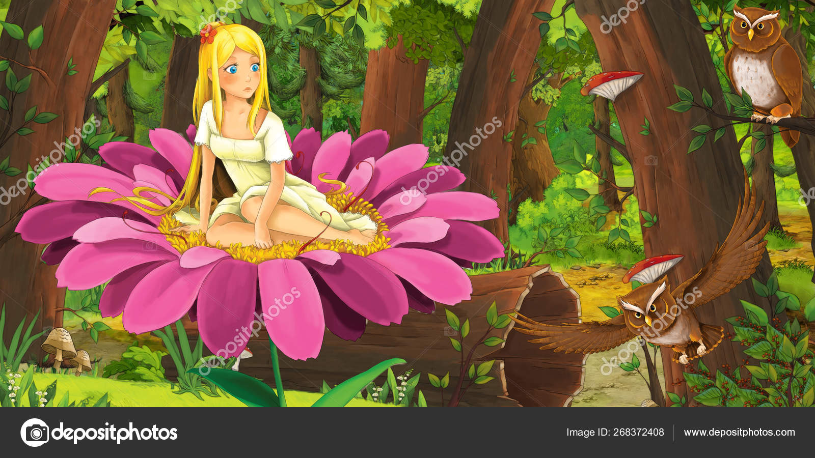 Cartoon Scene Happy Young Elf Girl Forest Encountering Pair Owls Stock ...