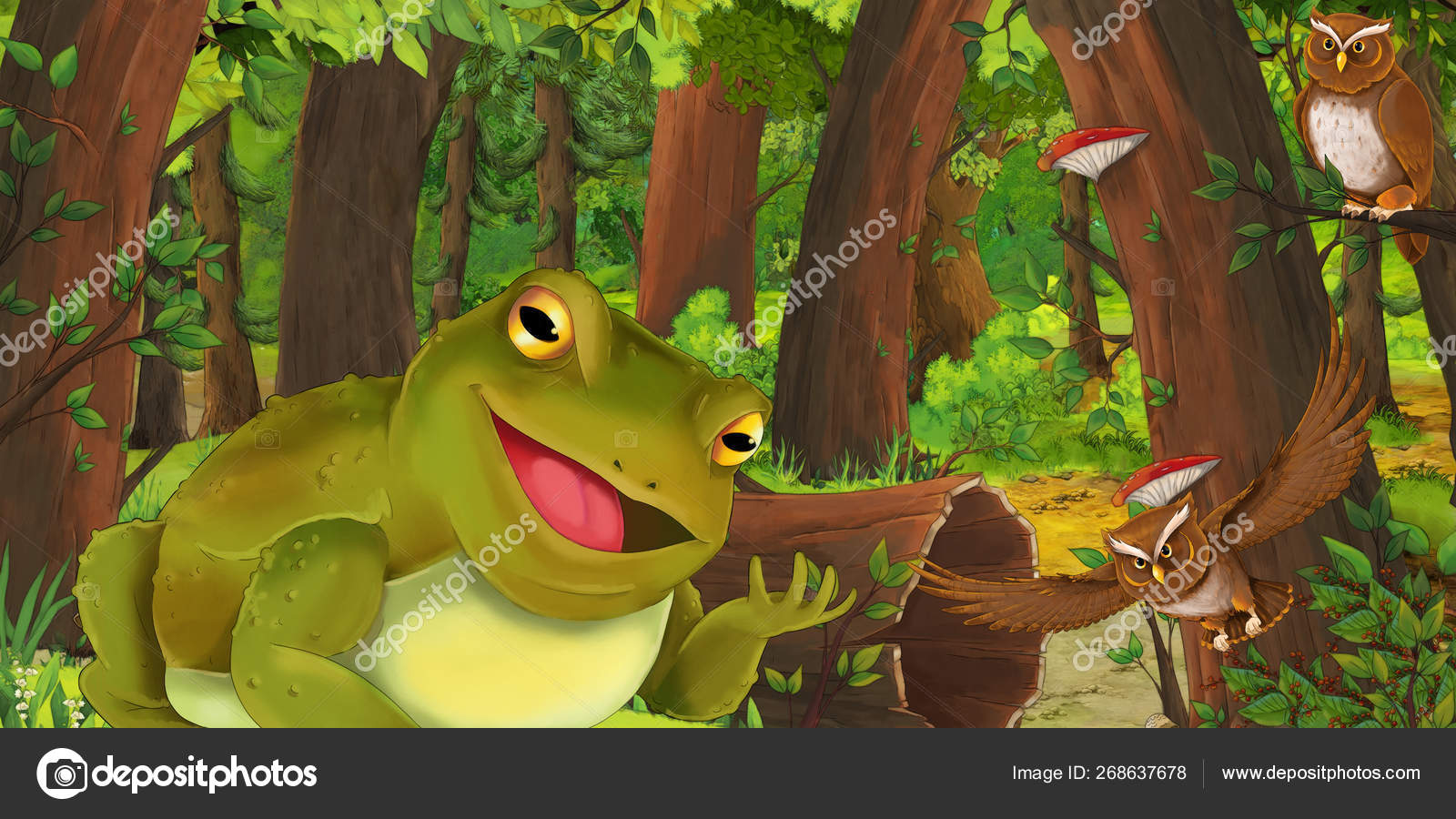 Cartoon Scene Happy Frog Forest Encountering Pair Owls Flying ...