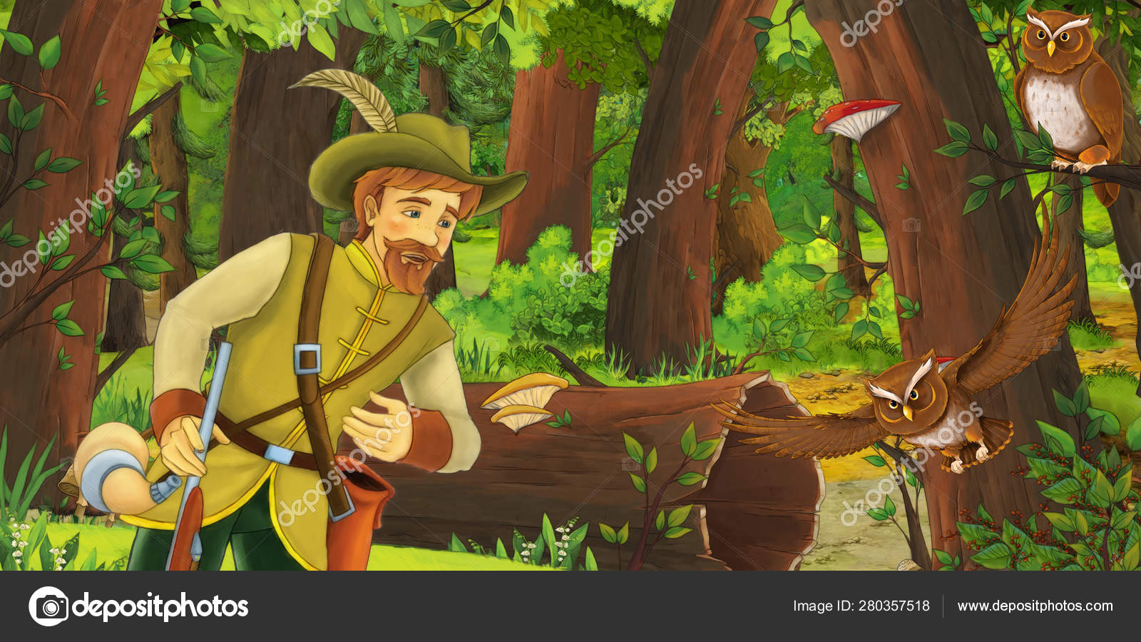 Cartoon scene with older man farmer or hunter in the forest ...