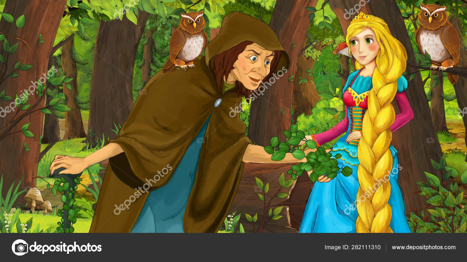 Cartoon scene with happy young girl princess and sorceress witch in the ...