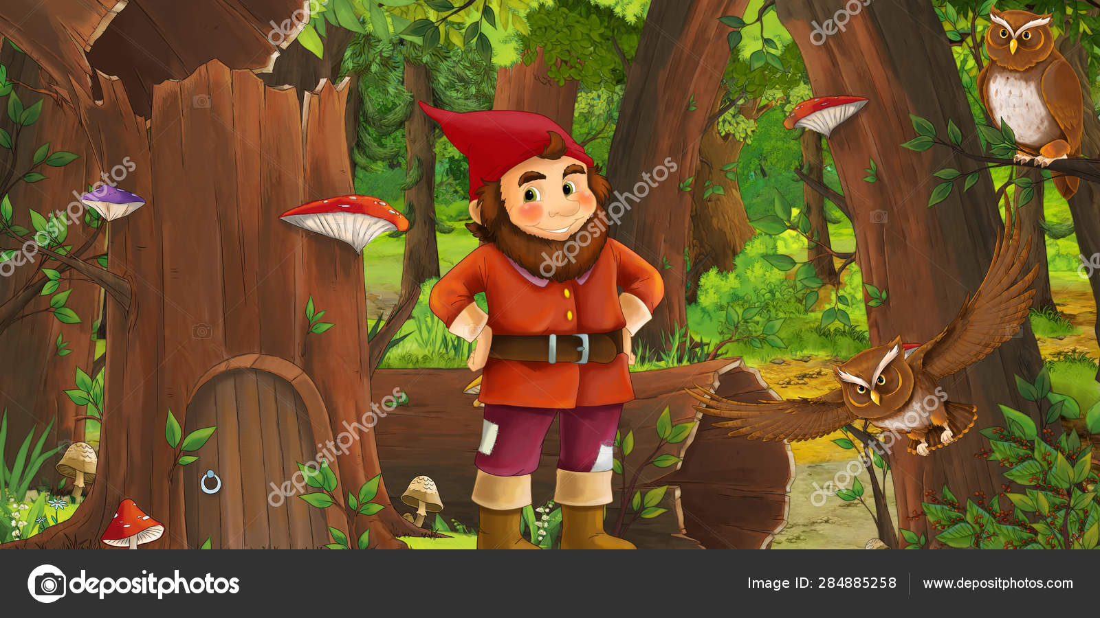 Cartoon scene with happy dwarf in the forest near some house in the old ...