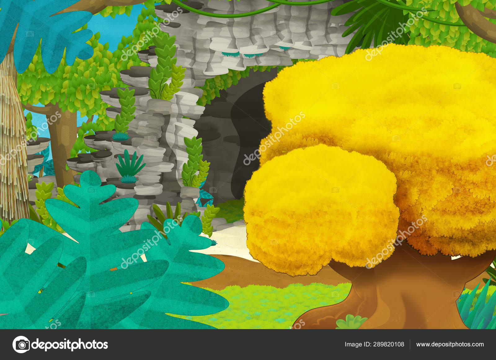 Cartoon background with cave in the jungle - illustration for children ...