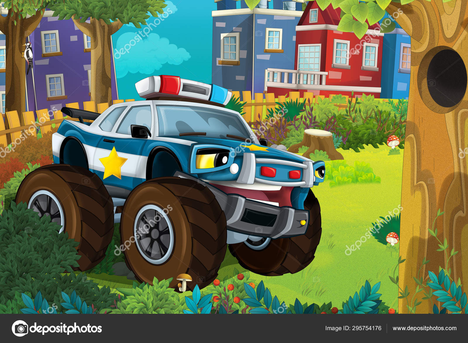 Cartoon scene in the city with police car driving through the park ...