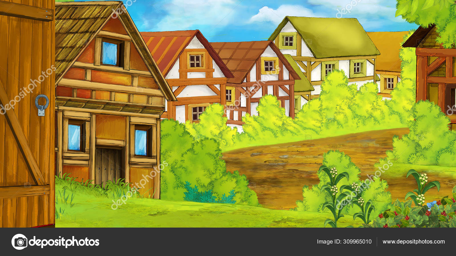 Escena de verano de dibujos animados con camino a la aldea de la granja ...