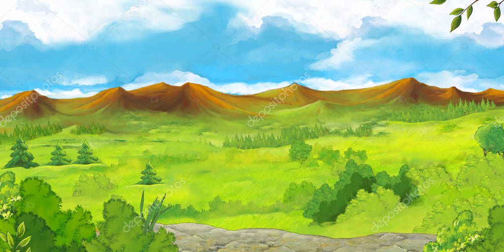 escena de verano de dibujos animados con valle del prado - nadie en ...