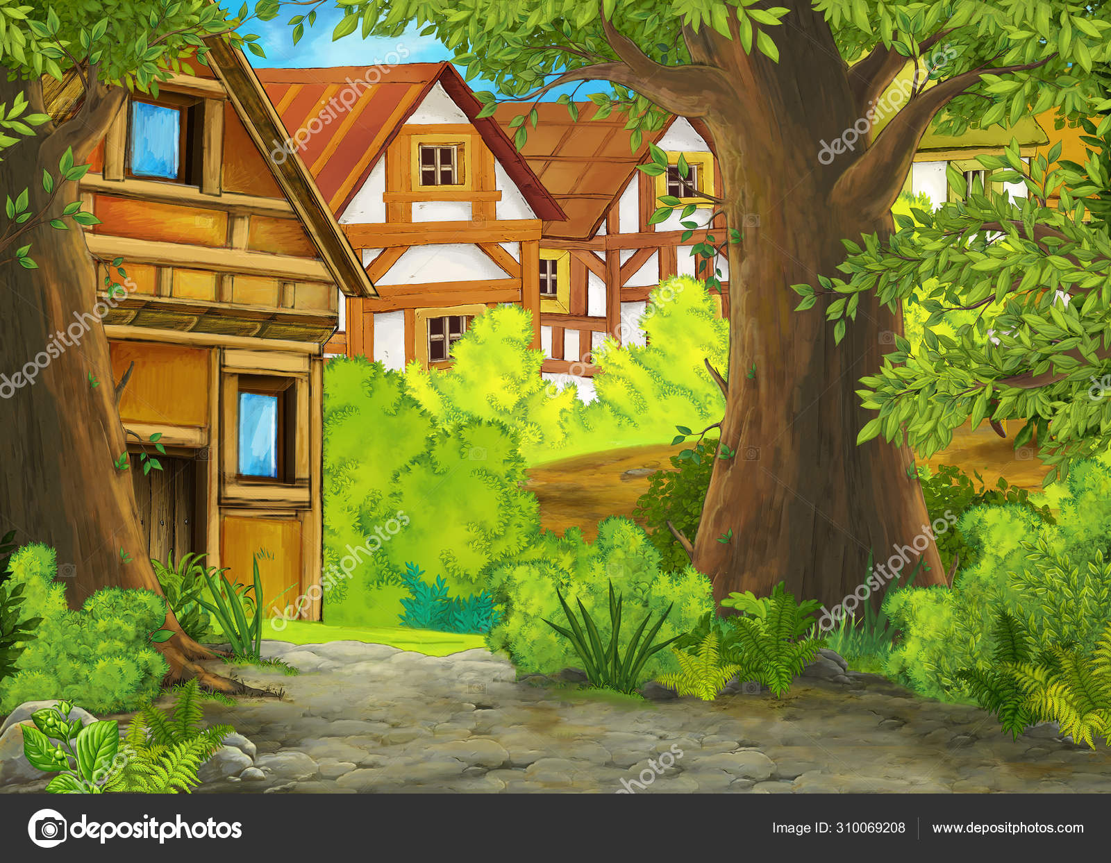 Escena de verano de dibujos animados con camino a la aldea de la granja ...