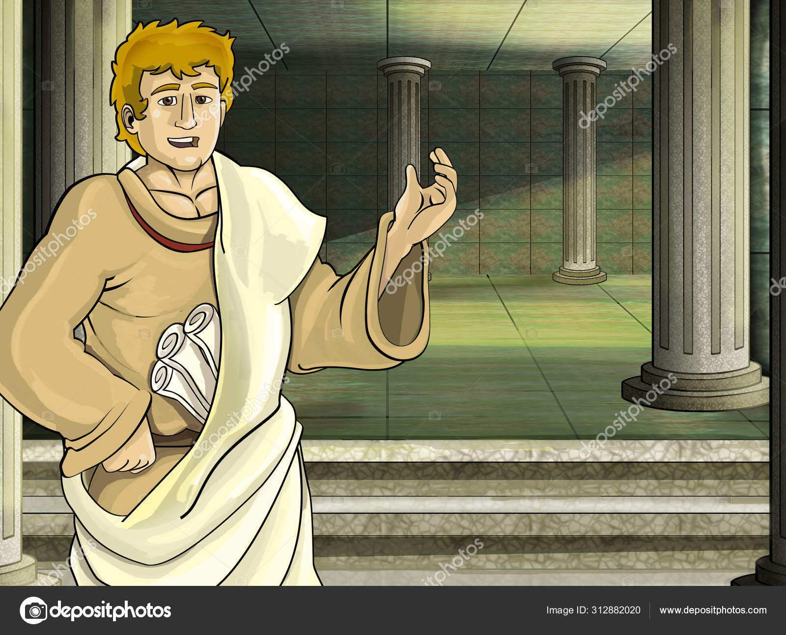 Cartoon scene with roman or greek ancient character near some ancient ...