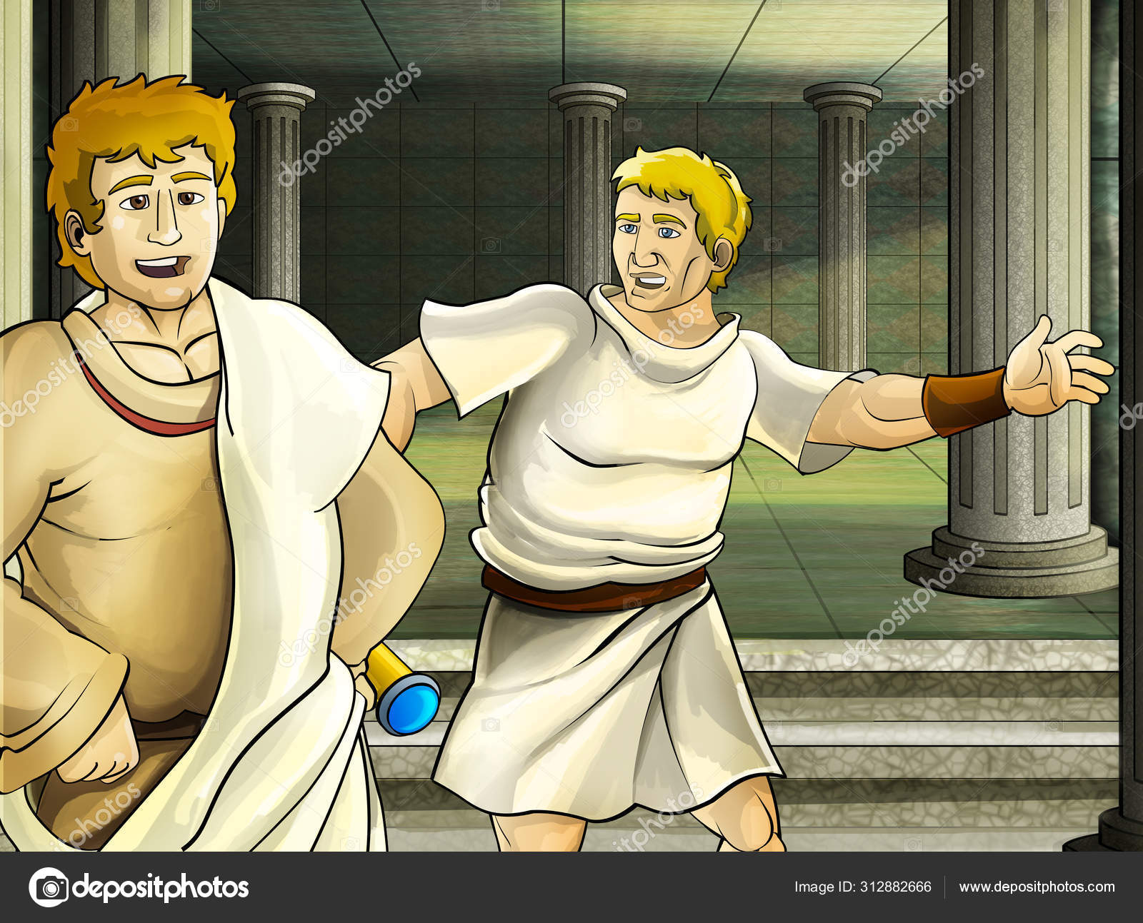 Cartoon scene with roman or greek warrior ancient character near some ...