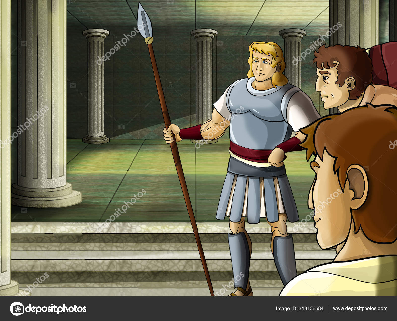 Cartoon scene with roman or greek warrior - ancient character near some ...